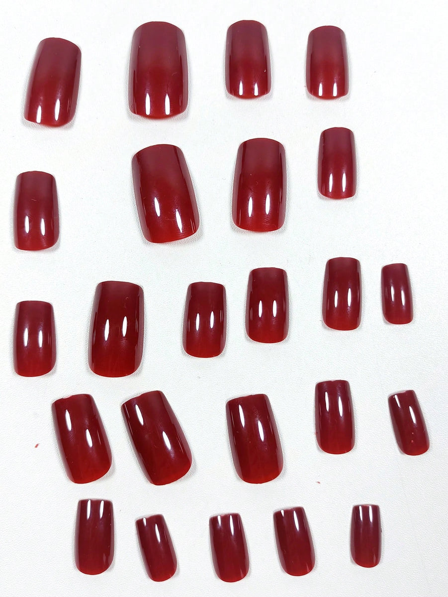 Nail Art Ideas Square Red Solid Colors Medium Glossy Press On Nails ...