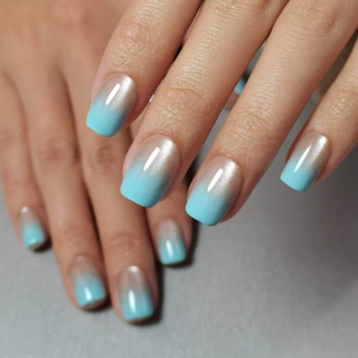 Nail Art Ideas Squoval Blue Ombre Cat eye Short Glitter Press On Nails ...