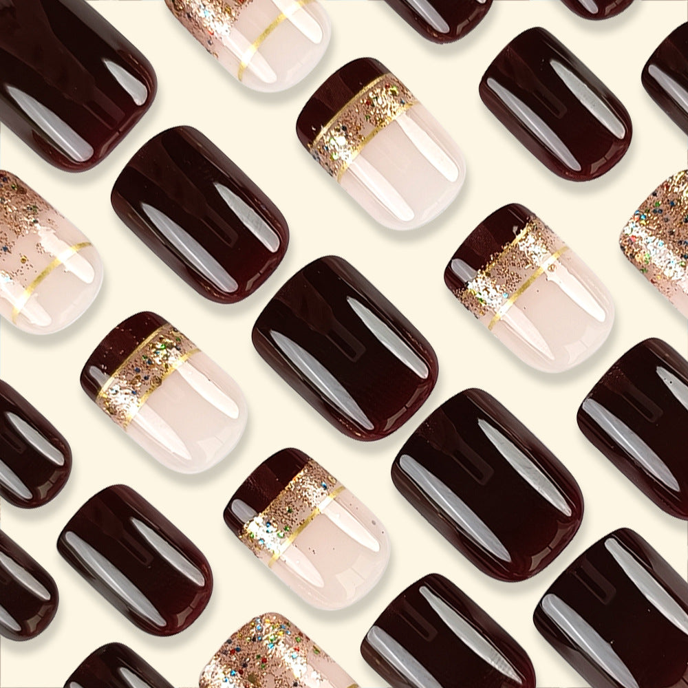 Nail Art Ideas Square Brown fall French Medium Glossy Press On Nails ...