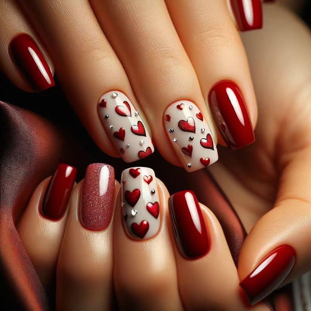 Squoval Red Patterns & Prints Heart Valentine Medium Glossy Press On ...
